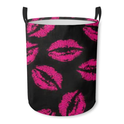 Purple Lips on Black Laundry Hamper Basket Bucket Foldable Dirty Clothes Bag Waterproof Fabric Washing Bin Toy Storage with Handles for Bathroom Bedroom
