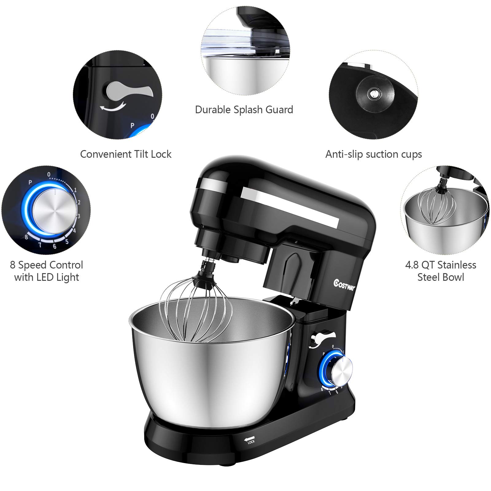 COSTWAY Tilt-Head Stand Mixer, 8-speed Food Mixer with Pulse Function, Multifunctional Kitchen Electric Mixer with Dough Hook, Whisk, Beater, Stainless Steel Bowl & Splash Guard (Black)