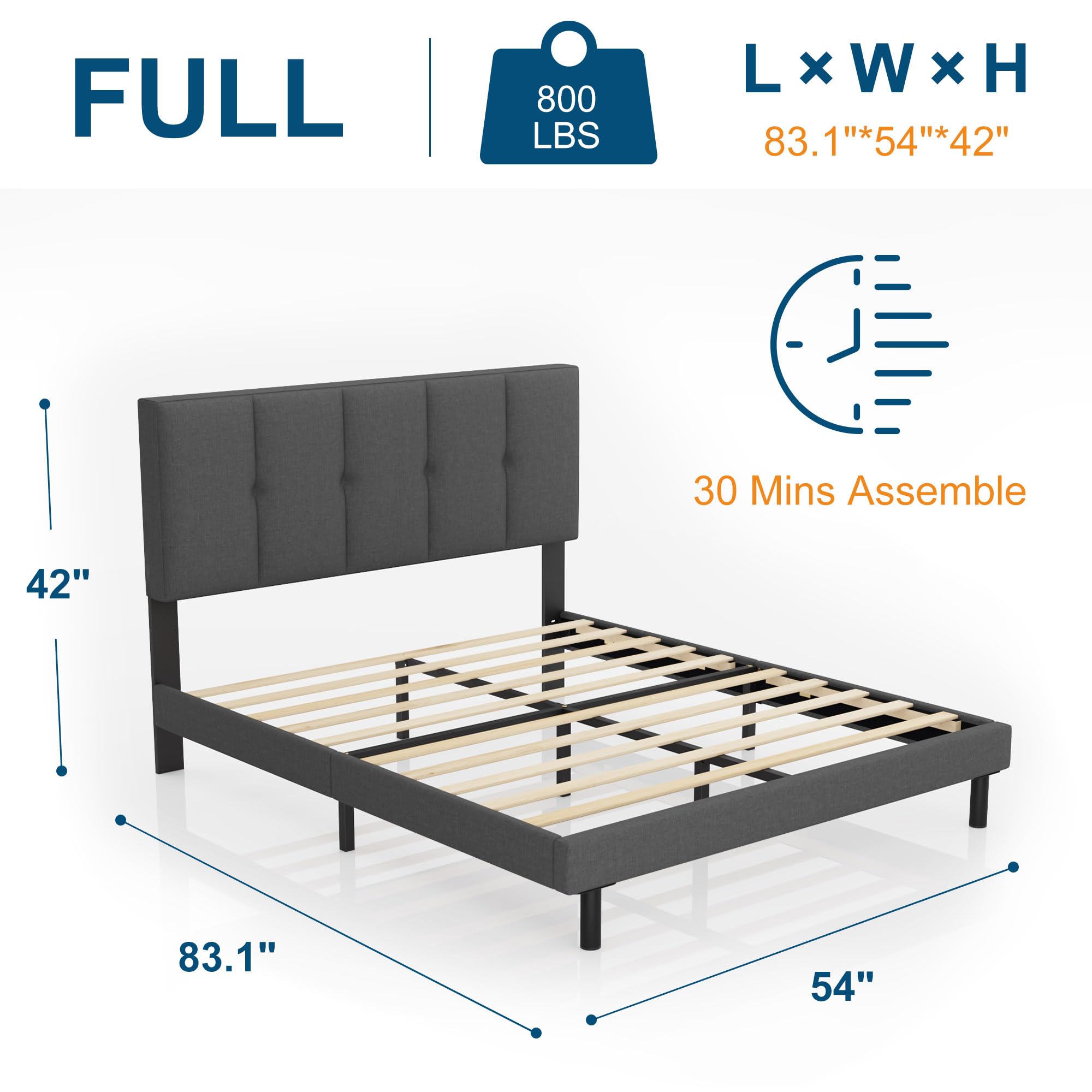 Generic Full Size Bed Frame Upholstered Platform with Headboard, Linen Fabric Wrap, Strong Frame and Wooden Slats Support, Easy Assembly No Box Spring Needed,Non-Slip and Noiseless, D Dark Grey
