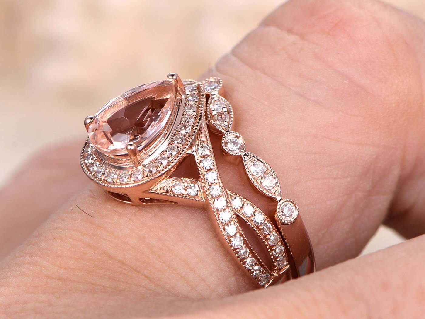 Dabangjewels Best 6x8mm Pear Cut Morganite & Diamond 18k Rose Gold Over .925 Sterling Silver Wedding Bridal Halo Ring Set