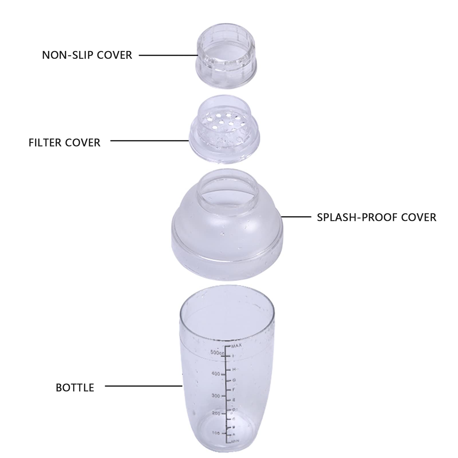 FEOOWV Upgraded Four-stage Plastic Cocktail Shaker, Hand Drink Mixer, Boba Tea Shaker Cup with Scales, Bar Tool Transparent (1, 17oz)