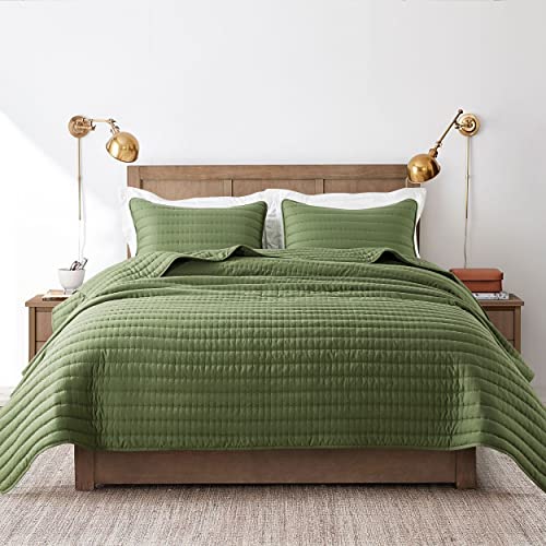 Olive Dark Green Queen Size Quilt Bedding Sets with Pillow Shams, Full Lightweight Soft Bedspread Coverlet, Forest Quilted Blanket Thin Comforter Bed Cover for All Season, 3 Pieces, 90x90 inches