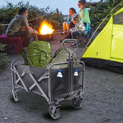 Collapsible Folding Outdoor Utility Wagon, Heavy Duty Foldable Camping Cart, Garden Tool Collection Utility Trolley with Adjustable Handle & Mesh Cup Holder for Garden Camping Picnic