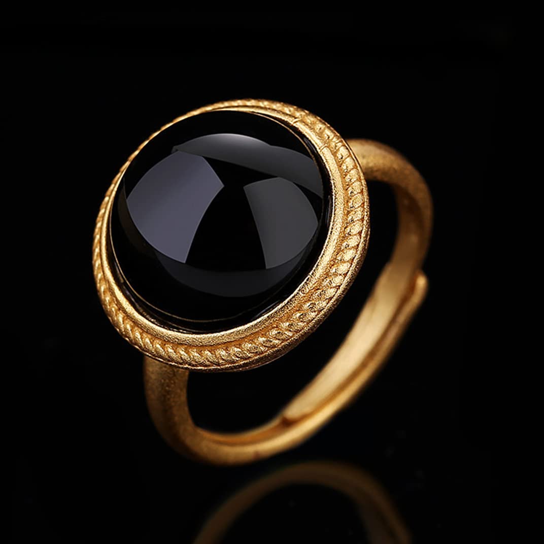 DALEGEM Women 14K Gold Natural Round Agate Onyx Stone Ring,Real Genuine Crystal Quartz Gemstone Stone Ring Jewelry for Women (Stone_C, Adjustable)