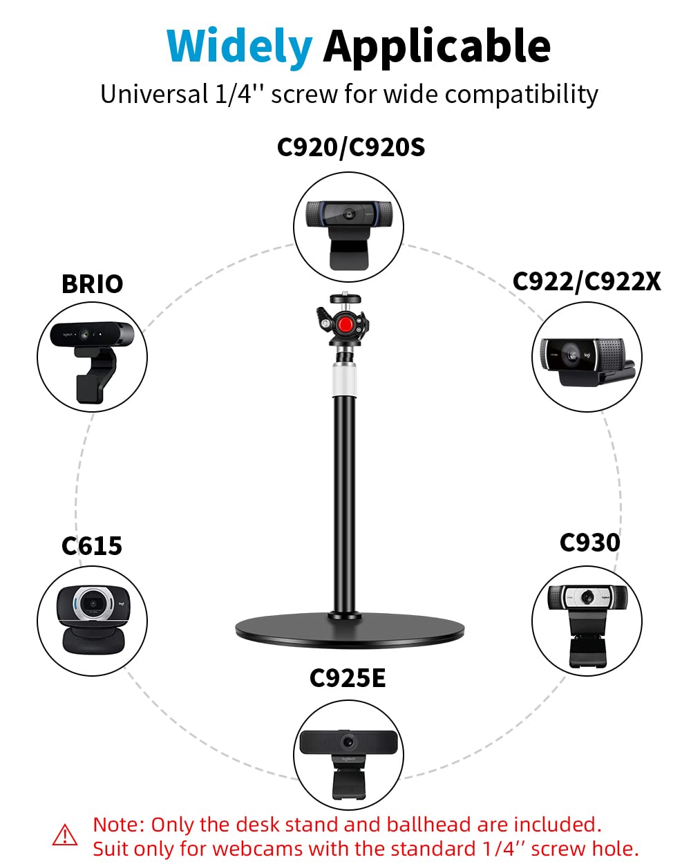 Etour Webcam Desk Mount Stand with 360° Ballhead, Heavy Base Height Adjustable Compatible with Logitech Webcam C920 C922 Brio 4K, and Other Webcam with 1/4" Thread for Live Streaming/Video Calling