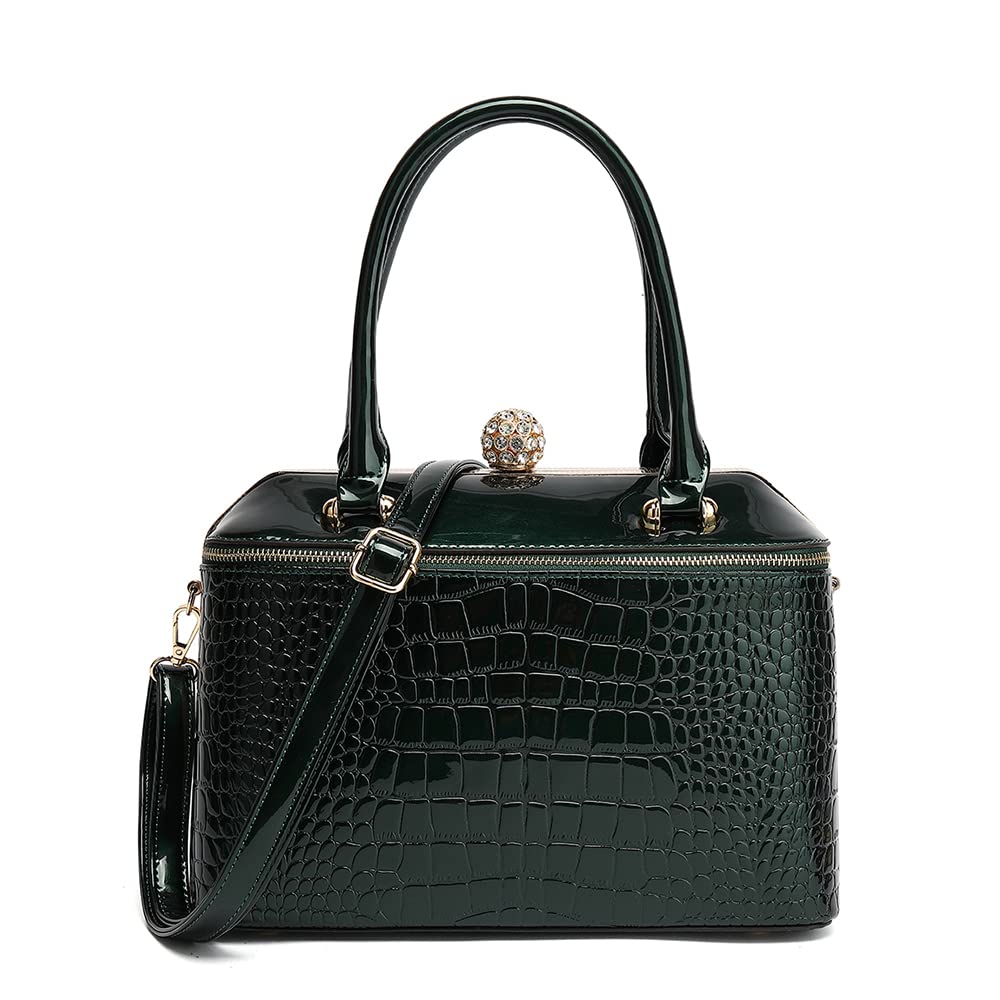 Style Strategy green patent leather purses for women Crocodile Textured Shoulder handbag with kiss lock Satchel crossbody for women