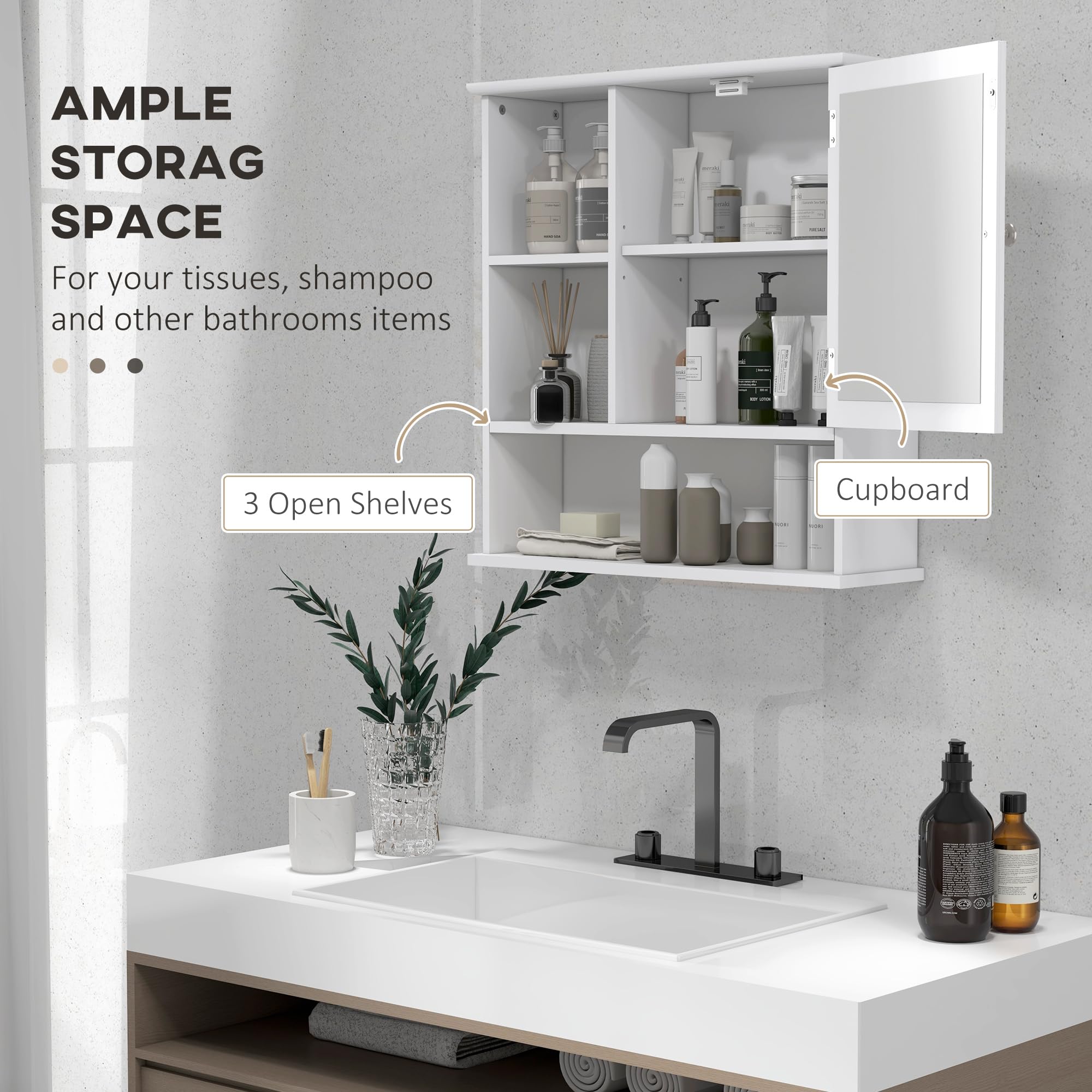 kleankin Bathroom Medicine Cabinet with Mirror, Wall-Mounted Bathroom Cabinet with Adjustable Shelf for Living Room and Laundry Room, White