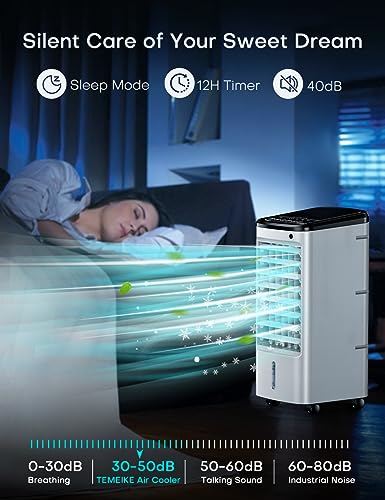 TEMEIKE Portable Air Conditioner, 3-IN-1 Evaporative Air Cooler Windowless, 4 Modes & 3 Speeds Personal Swamp Cooler w/Humidifier, Remote & 12H Timer, Evaporative Cooler for Room Home Office, 22-Inch