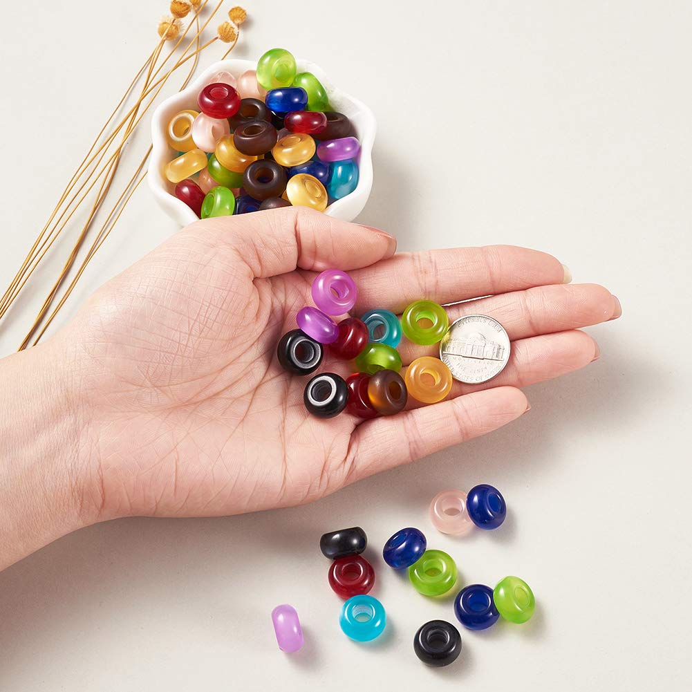 Craftdady 100pcs Large Hole Resin European Spacer Beads 13-14x7-7.5mm Imitation Cat Eye Mixed Colors Slider Charm Beads for Jewelry Making Hole: 5mm