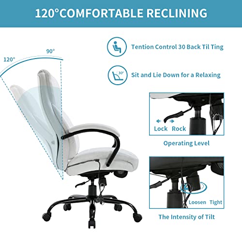 LCH Big & Tall Office Chair 500lbs PU Leather Ergonomic Computer Chair, Home Desk Chair Wide Seat Executive Chair with Massage Lumbar Support & Soft Arms for Heavy People (White)