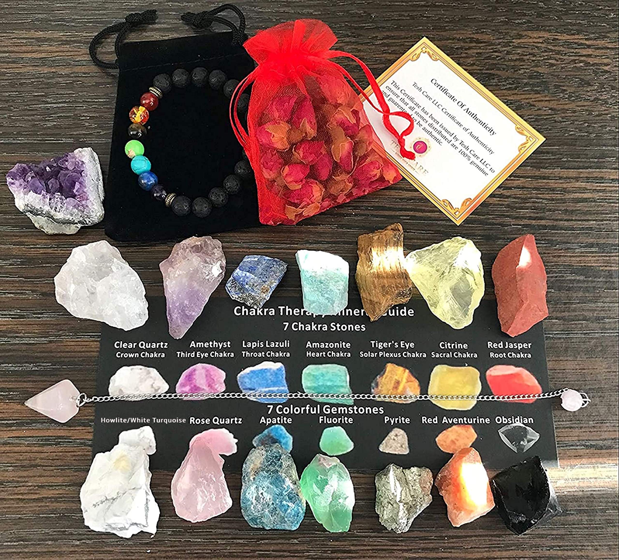 Chakra Therapy Starter Collection 17 pcs Healing Crystals kit, 7 Raw Chakra Stones,7 Colorful Gemstones, Amethyst,Rose Quartz Pendulum,Chakra Lava Bracelet,Dry Roses,Guide,COA,Gift Ready