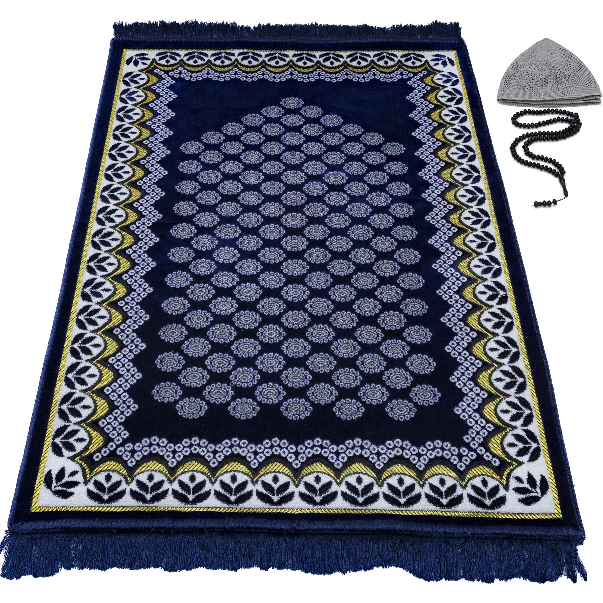 Modefa Turkish Islamic Velvet Prayer Rug - Thin & Lightweight Praying Carpet - Muslim Janamaz Sajadah for Men & Women - Ramadan or Eid Gift - Kufi Cap & Beads - Floral Daisy Arch (Navy Blue)