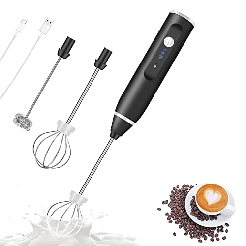 Milk Frother Handheld, Immersion Blender Cordlesss Foam Maker USB Rechargeable Small Mixer with 2 Stainless Whisks，Wisker for Stirring 3-Speed Adjustable Mini Frother for Cappuccino Latte Coffee Egg