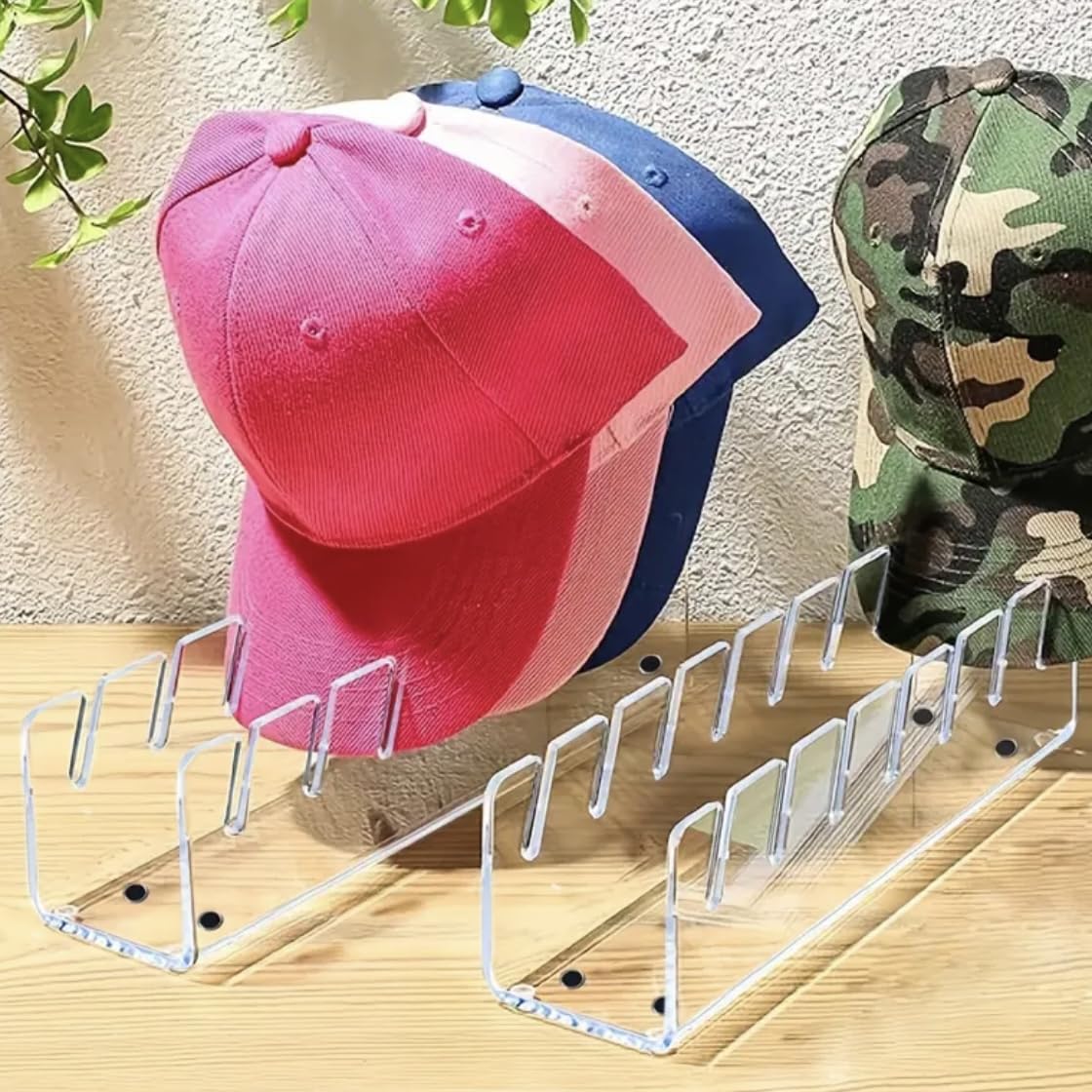 generic Hat Stand for Baseball Caps 2 Pack - Acrylic Hat Holder Display and Organizer- No-Install Holder for 14 Baseball Caps - Ideal for Closet, Dresser, or Shelf, Clear
