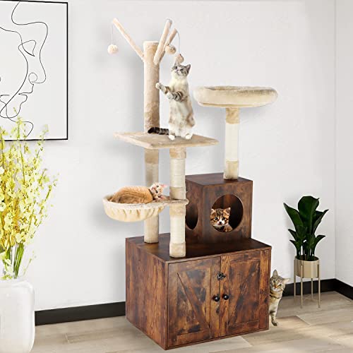 Timberer Litter Box Enclosure with Cat Tree, Wooden Cat House with Cat Tree Tower, Hidden Cat Litter Box Furniture with Scratching Post, Modern Cat Condo, Rustic Brown