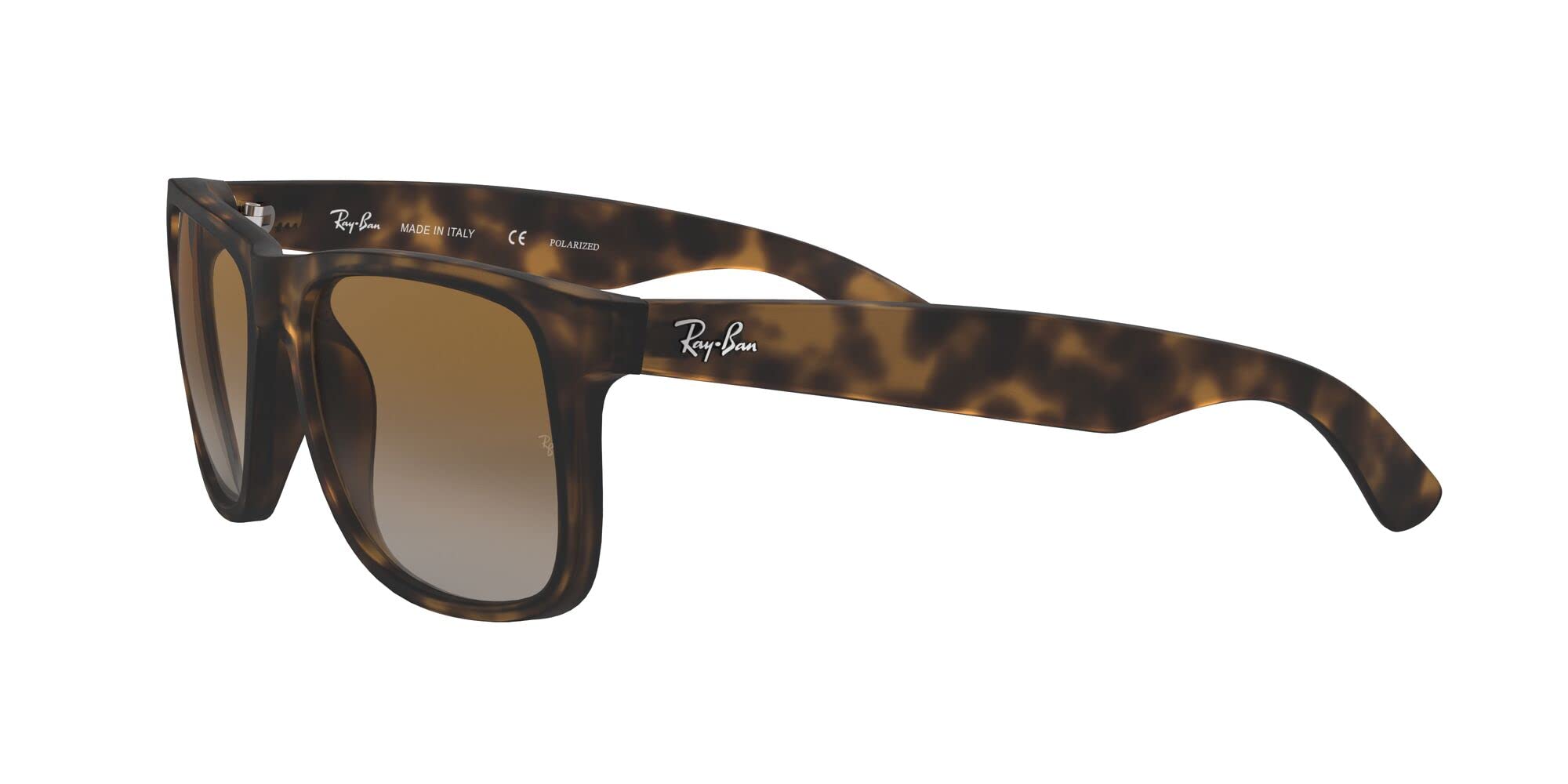 Ray-Ban RB4165 Justin Rectangular Sunglasses, Rubber Havana/Polarized Grey Gradient Brown, 55 mm