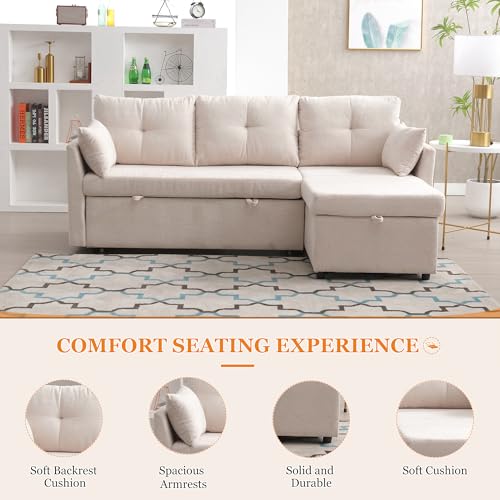 KYLE & KAY Convertible Sleeper Sofa Bed, L-Shaped Sectional Couch with Storage Chaise, Pull-Out Modular Chenille Sofa Bed for Small Apartments,Living Room and Office, Beige
