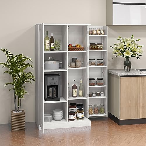 HOMCOM 63" Kitchen Pantry Storage Cabinet, 14-Tier Freestanding Kitchen Cupboard with 2 Doors, Adjustable Shelves for Living Room, Dining Room, White