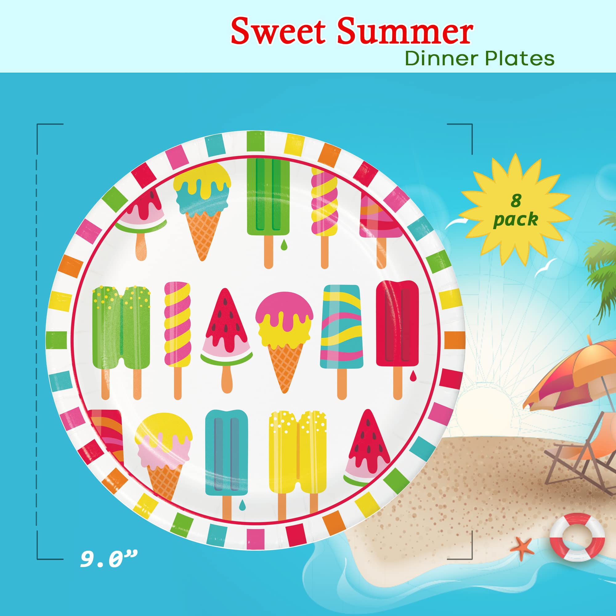 Creative Converting Sweet Summer Dinnerware Party Bundle for 8 - Dinner & Dessert Plates, 16 Beverage & Luncheon Napkins - Summer Birthday Pool Parties Bulk Paper Supplies Set Disposable