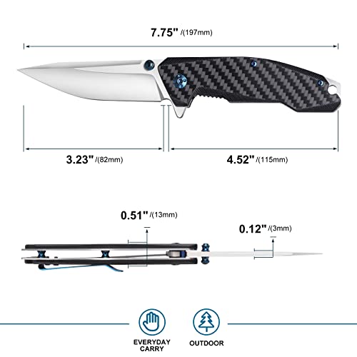 Folding Pocket Knife, Pocket Knives Carbon Fibers Handle, High Hardness D2 Blade With Clip and Liner Lock,Camping Knife for EDC, Fishing, Camping and Outdoor Activities-Good for Men Gift