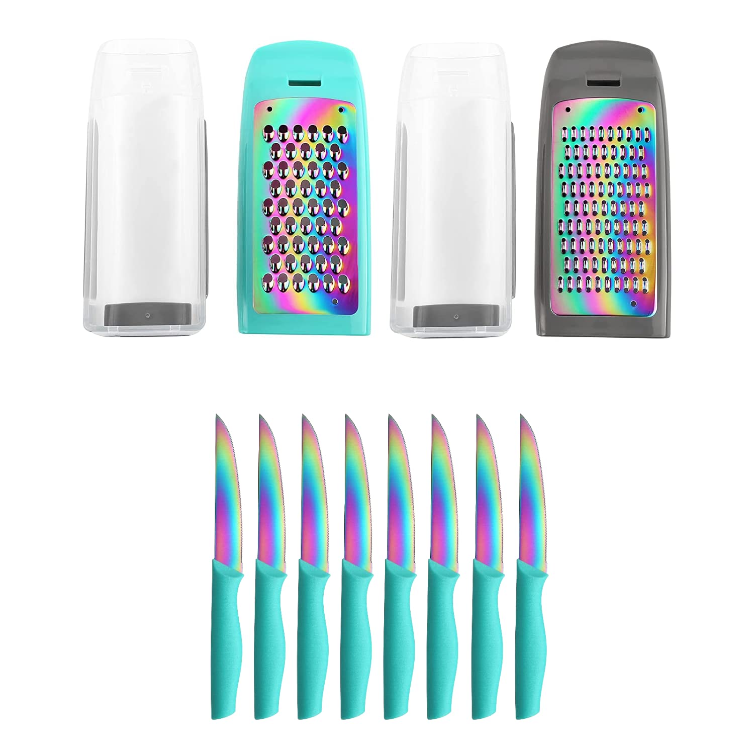 Marco Almond MA63 Graters for Kitchen + Marco Almond KYA47 Rainbow Titanium Serrated Stainless Steel Steak Knives Set of 8