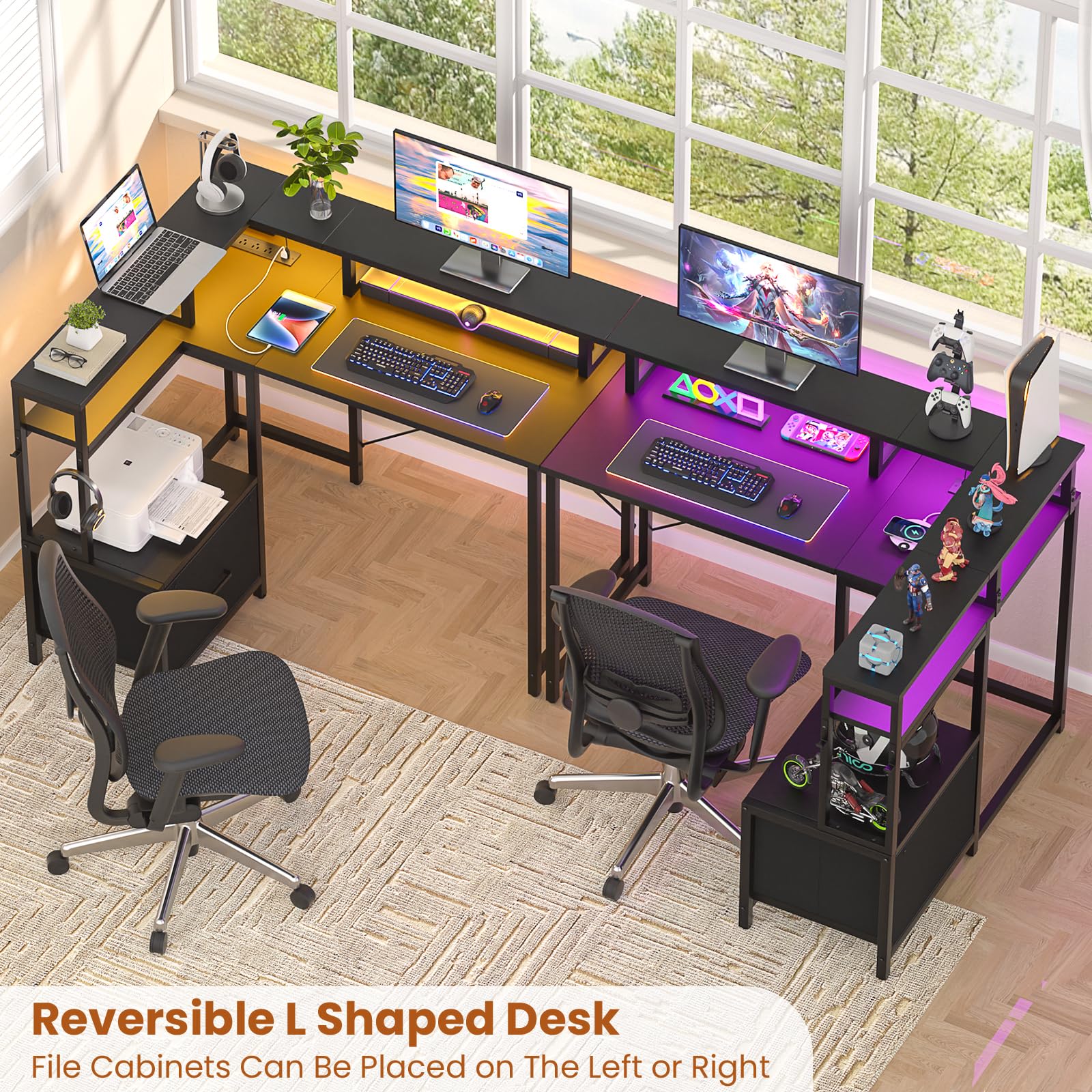 Homieasy Small Computer Desk with File Drawer Cabinet, L Shaped Office Desk with Printer Stand & Monitor Stand, 39 Inch Gaming Desk with Power Outlets Led Light Storage Bag Hanging Hooks, Black