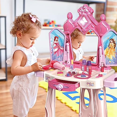 Pretend Play Girls Makeup Table Set with Stool,Open Doors by Gestures,Kids Vanity Set with Lights and Music,Toddler Beauty Salon Set with Makeup Accessories & Hair Dryer Toy for Toddlers 3-5 Years Old