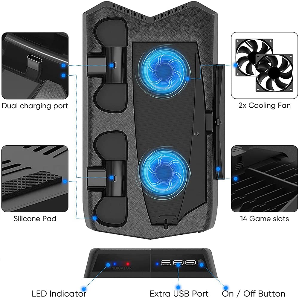 DAHAKII PS5 Vertical Stand with Cooling Fan for PS5 Digital Edition/Ultra HD Charging Dock Station with 14 Retractable Game Slots/PS5 Dual Controller Charger Ports
