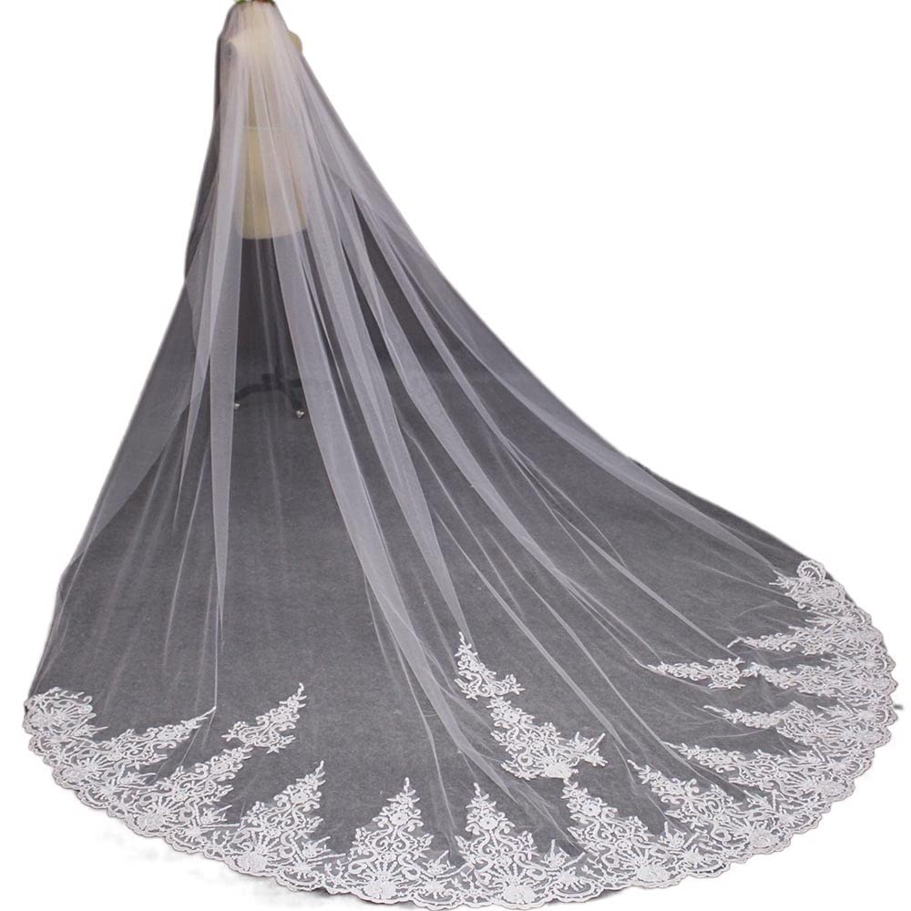 DAPERCI Wedding Accessory Long 4M Bridal Veils with Comb Lace One Tier White Ivory Wedding Veil Welon Bride Veil (Color : White)