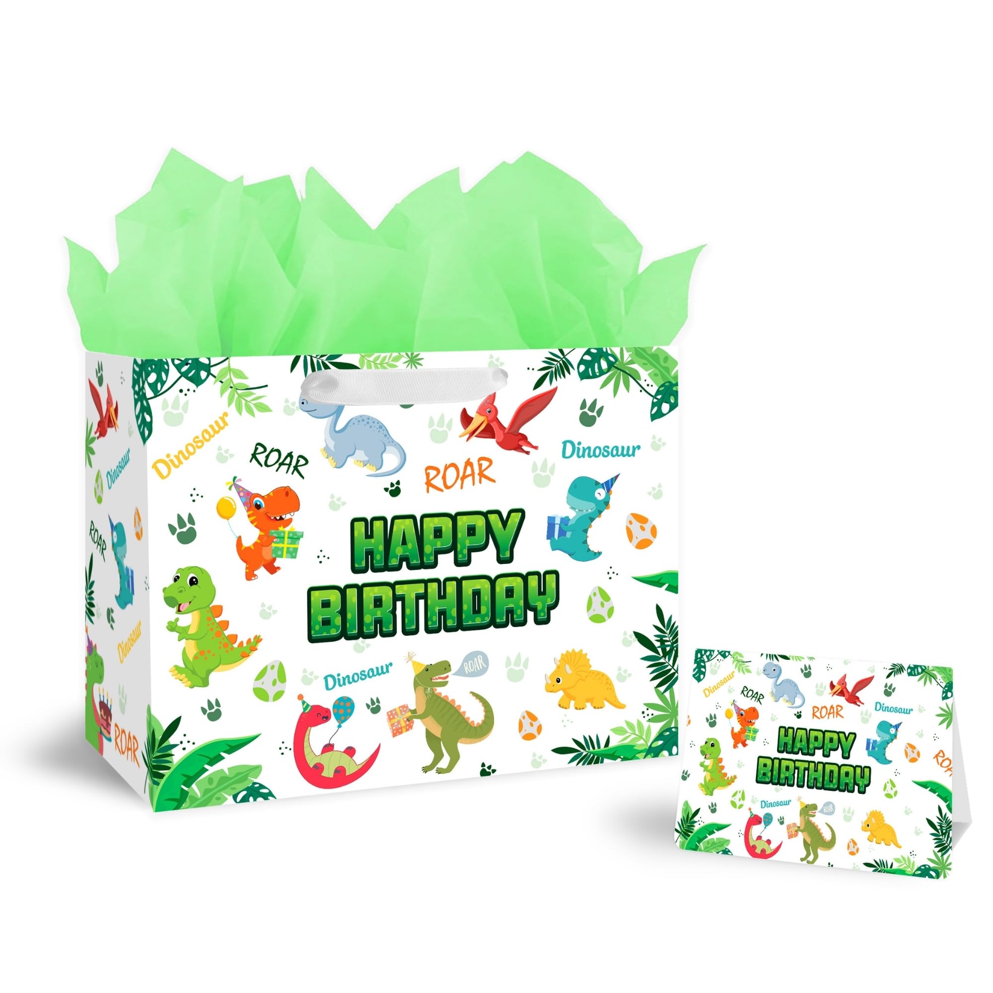 Generic Large 13"" Dinosaur Birthday Gift Bag with Handles, Card, and Tissue Paper for Boys