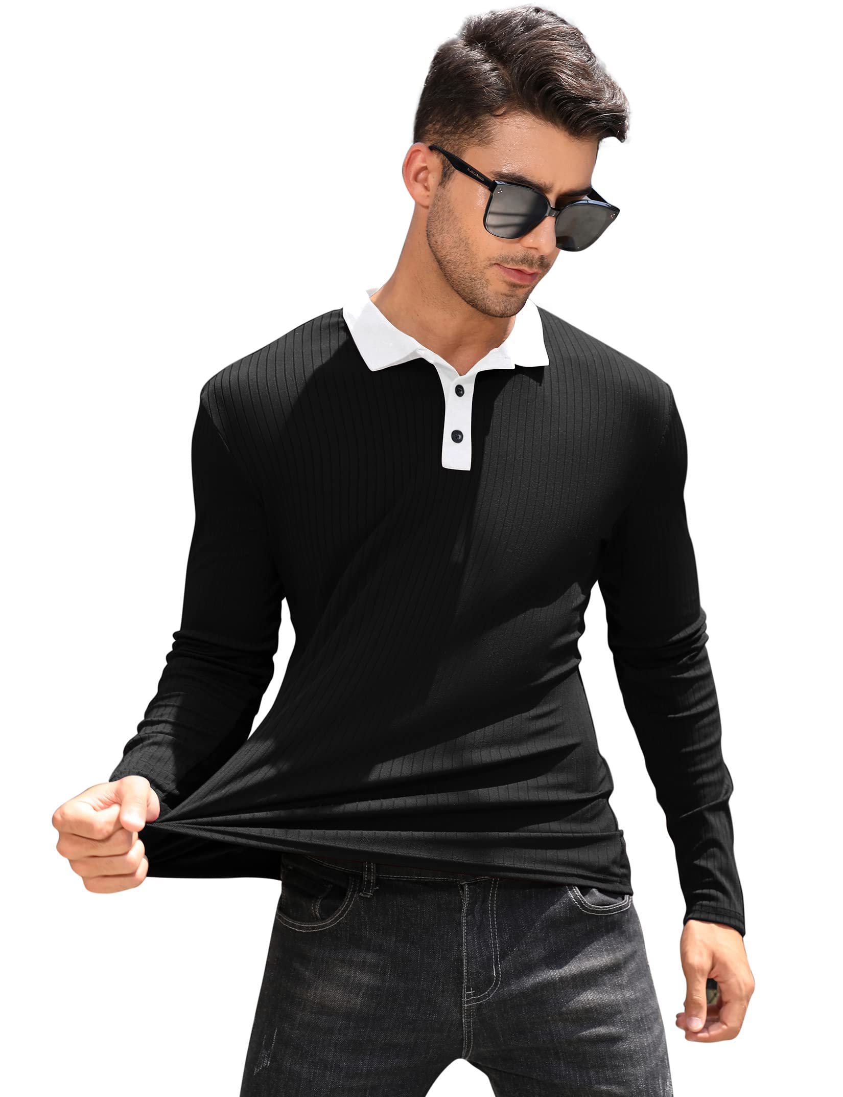 EliteSpirit Mens Long Sleeve Polo Shirts Casual Polka Dot Collared Golf Shirt with Pockets Black XL