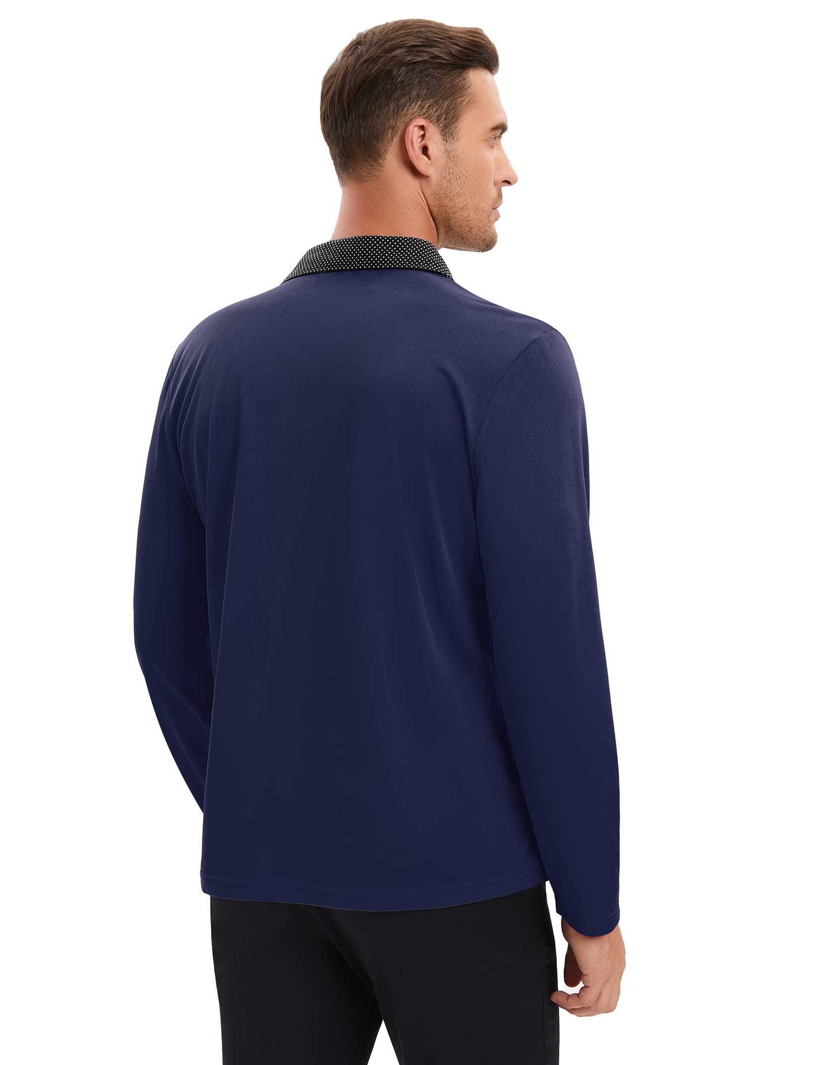EliteSpirit Mens Long Sleeve Polo Shirts Casual Polka Dot Collared Golf Shirt with Pockets Navy Blue XL