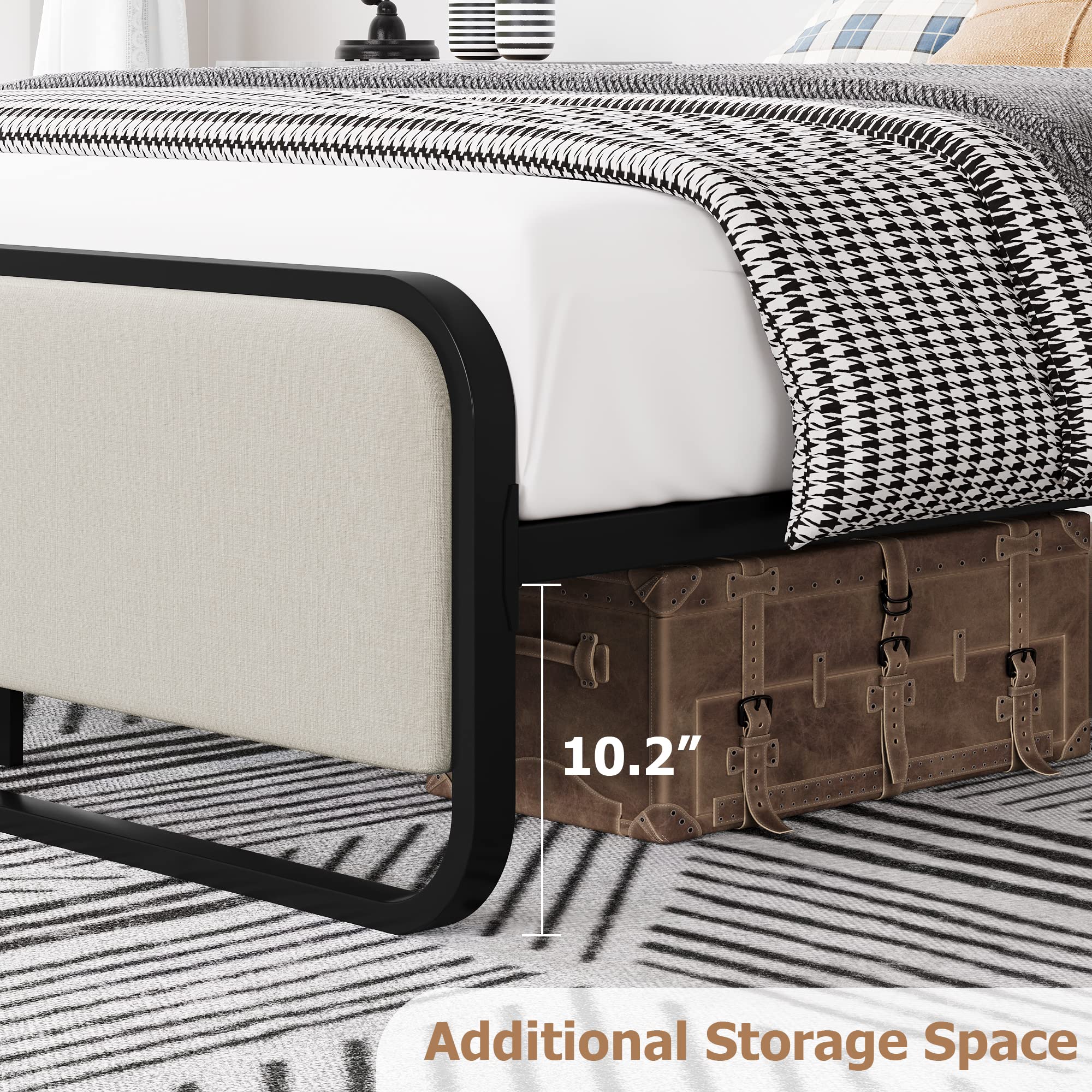 IDEALHOUSE Queen Size Bed Frame with Upholstered Headboard and Footboard, Metal Platform Bed with Curved Headboard, No Box Spring Needed, Beige