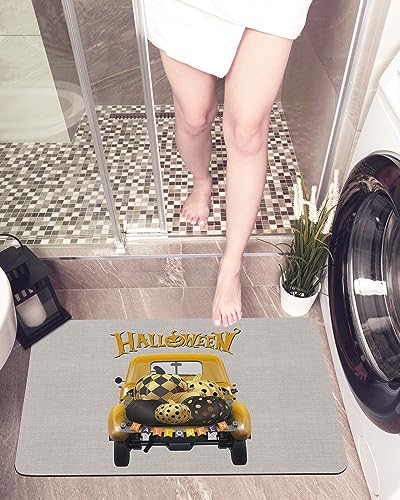Super Absorbent Diatom Mud Mat Halloween Gold Polka Dot Pumpkin Truck Retro Quick-Drying Thin Bath Mat Non-Slip Bathtub Mat Anti-Skid Rubber Bathroom Shower Mat 16x24in