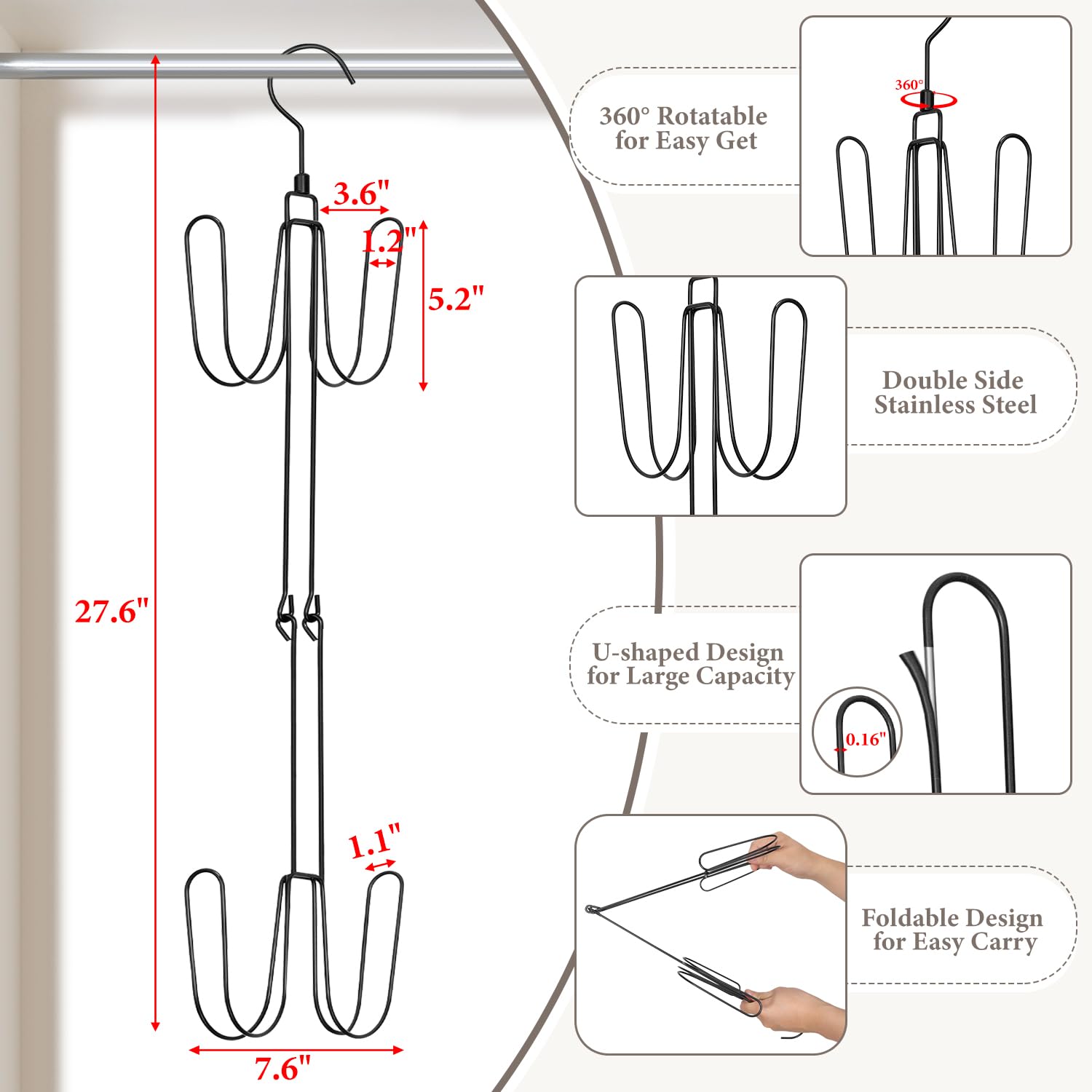ERCVZAVZ Hat Hangers for Closet, 2 Pack Stainless Steel Hat Organizer for Baseball Caps, 360°Rotating Hat Racks for Baseball Caps, Stable Baseball Cap Organizer for Closet