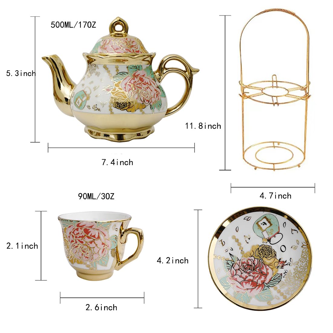CHANJOON Gold Plated Red Rose Ceramic Tea Set, Vintage Tea Set with Teapot, Beautiful Tea Set Coffee Serving 6 People (Golden, Medium)