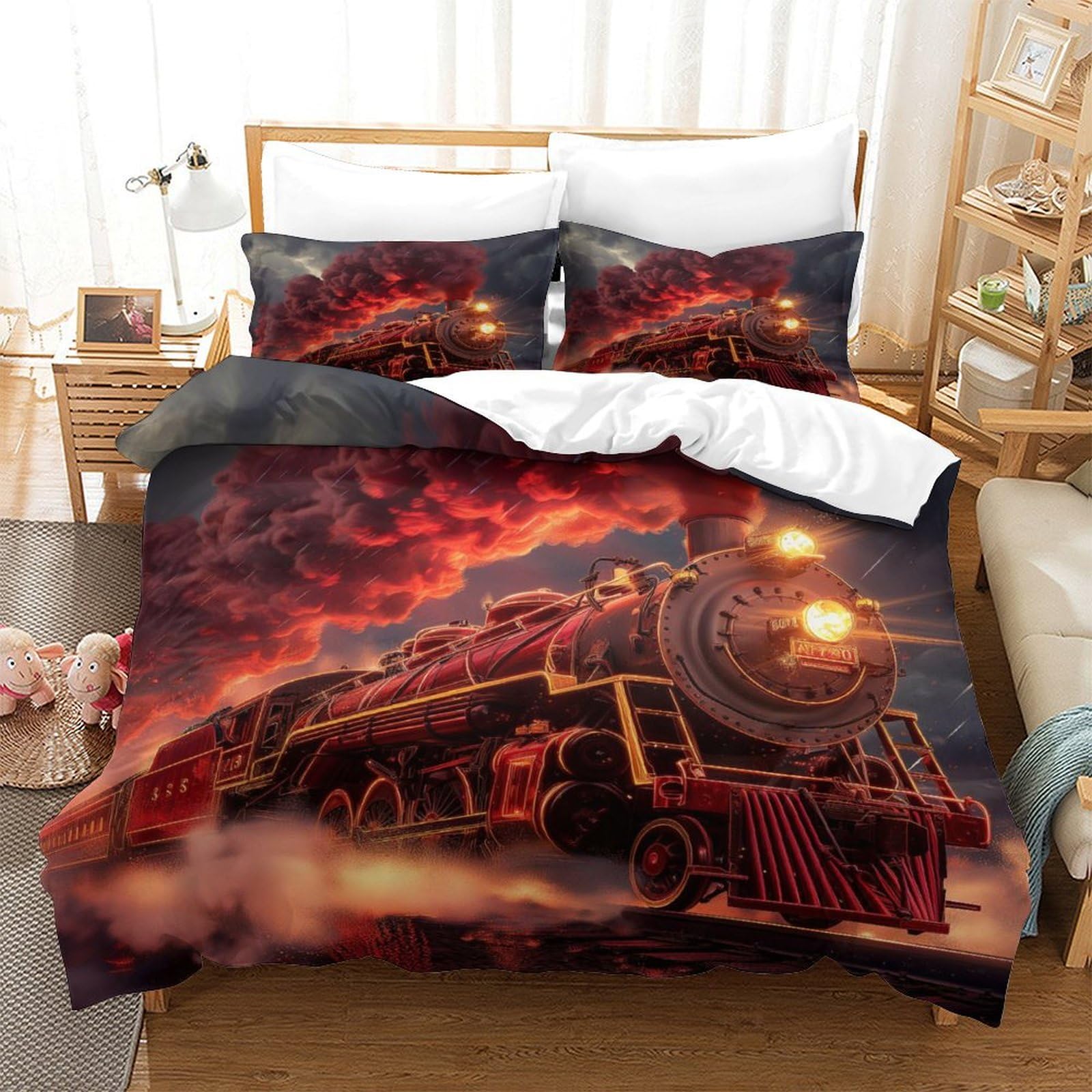 ERGTT Aerial Train Comforter Covers 3D Print Steam Quilt Cover for Teens and Adults Duvet Cover Bedding Set Soft Microfiber with Zipper Closure with Pillow Cases 3 Pieces Full(203x228cm)