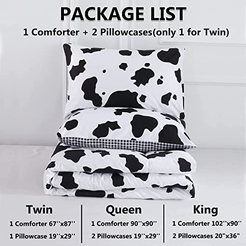 PERFEMET Cow Print Bedding Comforter Set Cartoon Milk Cow Print Bedding Set Reversible Plaid Grid Bed Sets for Kids Teens Boys Girls (Twin/Twin XL Size, Black and White)