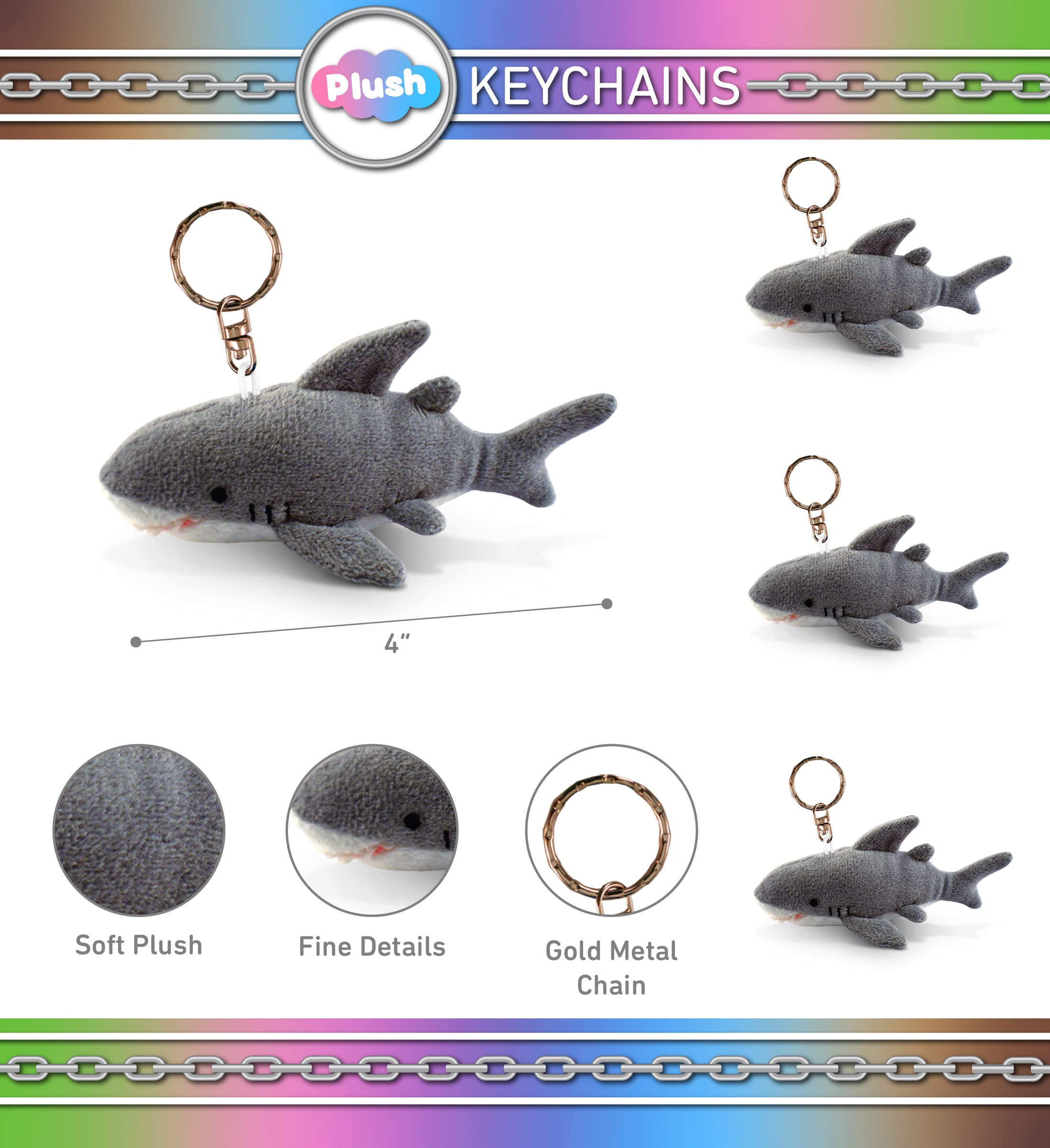 Puzzled Shark Plush Keychain Stuffed Animal Toy - Soft Fur Ocean Life Animal Grey Shark Charm Keyring, Cute Decorative Plush Toy Accessory Fun Buddy For Kids Bag, Purse, Backpack, Handbag - 4 Inches