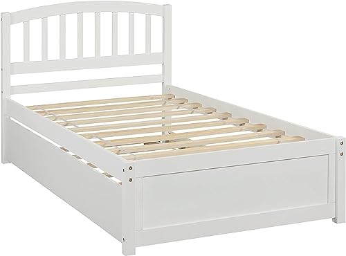 Harper & Bright Designs Twin Bed Frame with Trundle, Twin Bed Frame with Headboard, Wood Twin Platform Bed with Pull Out Trundle for Kids, Guest Room,No Box Spring Needed,White