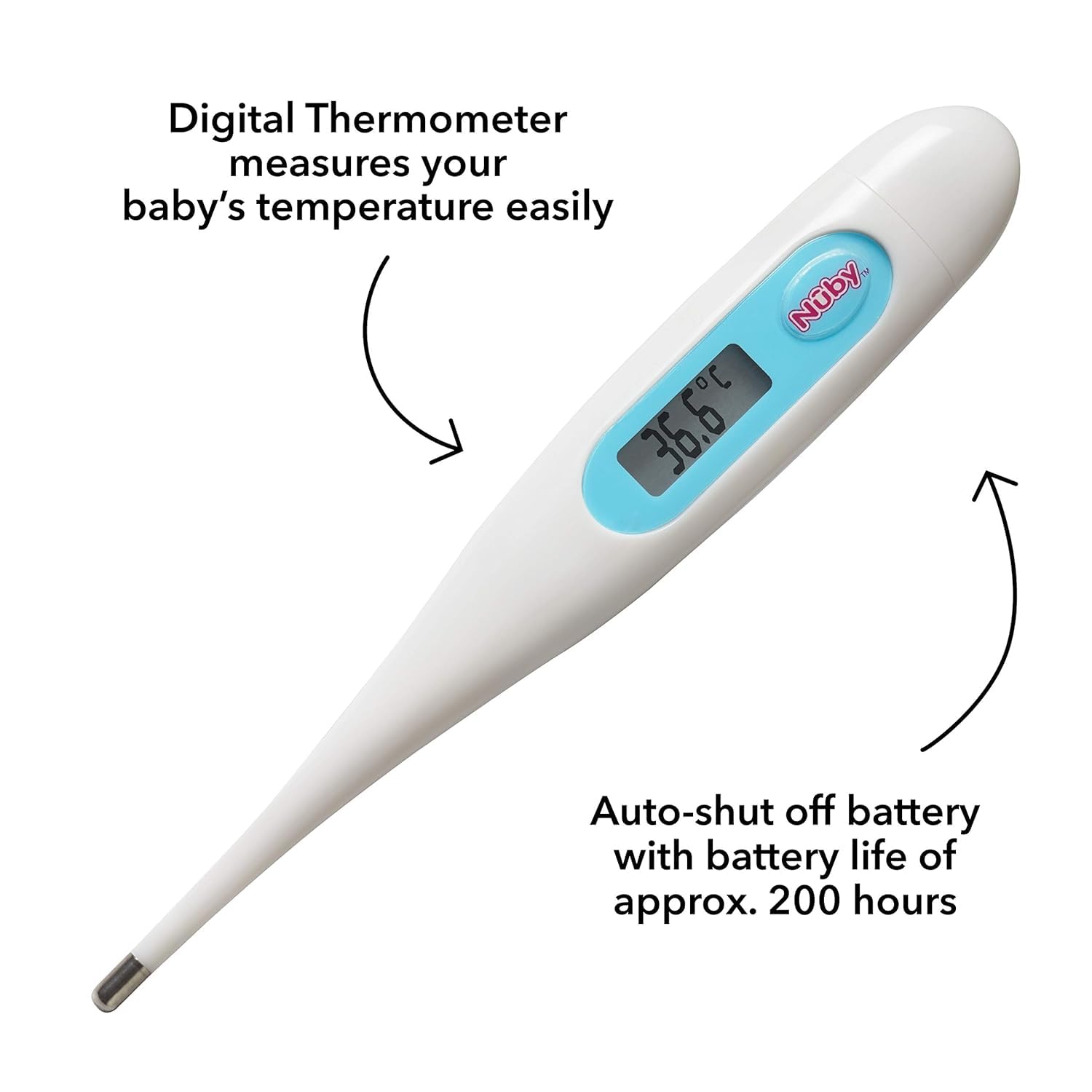 Nuby Digital Thermometer - Accurate Oral, Underarm & Rectal Use Thermometer with Hygienic Cover