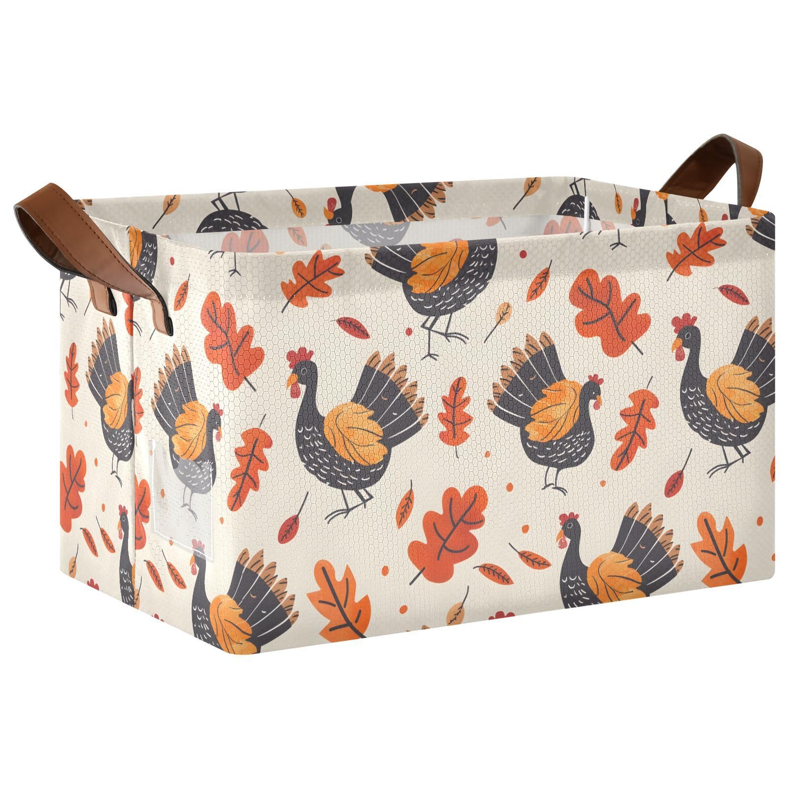 HOMONAW Rectangular Closet Storage Bin Thanksgiving Day Turkey Maple Leaf Storage Baskets with Handles Collapsible Closet Shelf Organizer for Clothes, Toys, Towel, Home, Bedroom, Office