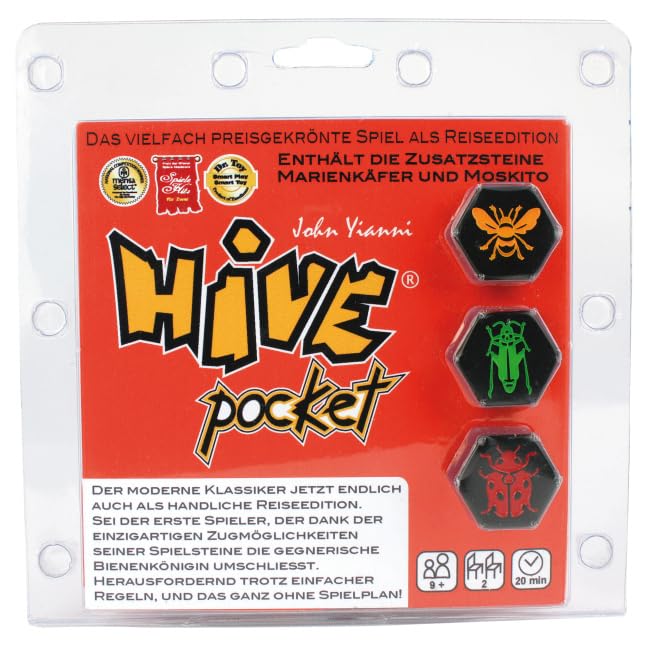 Smart Zone Games Hive Pocket Portable Strategic Board Game for 2 Players β Includes Ladybug & Mosquito Expansions β Compact Travel Version of The Award-Winning Hive Game