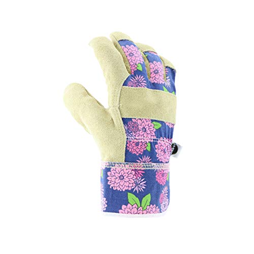 Miracle-Gro MG23012/WML Split Cowhide Garden Gloves – Floral, Medium-Large, Canvas Back Leather Palm Gloves for Women