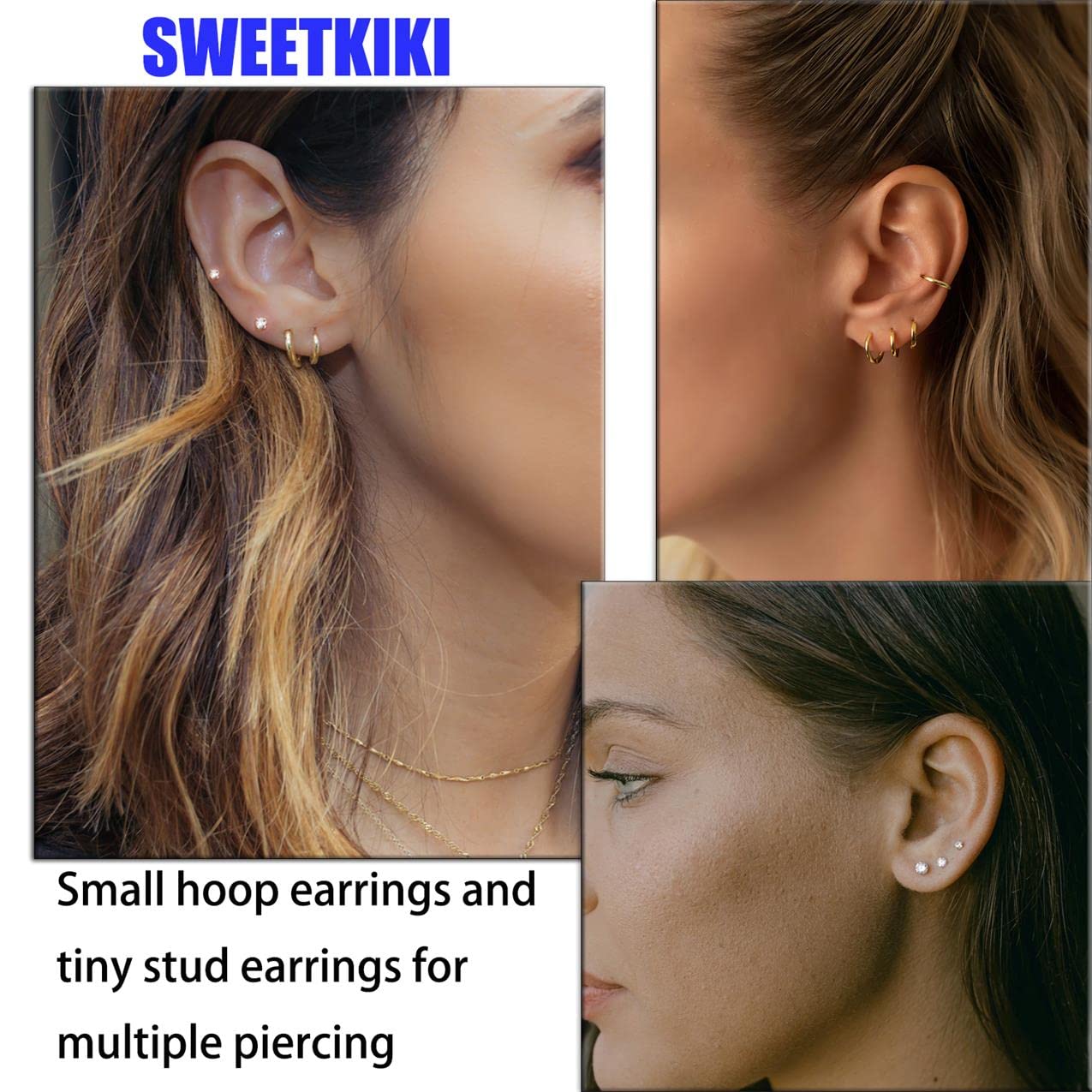 Dainty 6 Pairs Earrings Sets for Multiple Piercing, Lightweight 14K Gold Plated Small Huggie Hoop Earrings, Lobe, Hypoallergenic (14K Gold Plated- Huggie Hoops and CZ Studs)