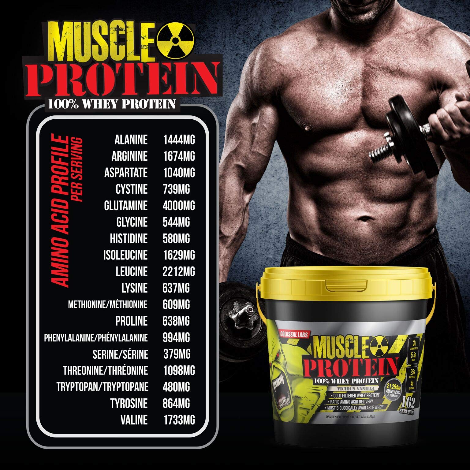 Colossal Labs Whey Protein Blend [12 Pounds/Pack of 1]–Vicious Vanilla, Cold Filtered, 25g Pure Protein, 6.6g BCAAs/Serving(Packaging May Vary)