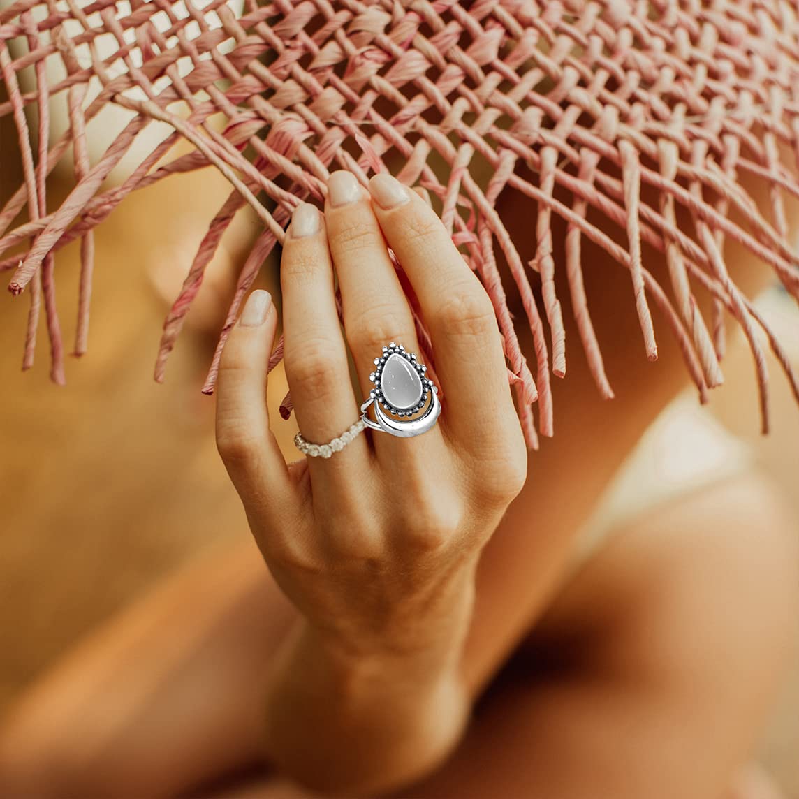 DALEGEM White Crystal Quartz Stone Agate Onyx Crescent Moon Ring for Women,S925 Sterling Silver Gemstone Quartz Boho Statement Ring Jewelry (Ring_White, 8)