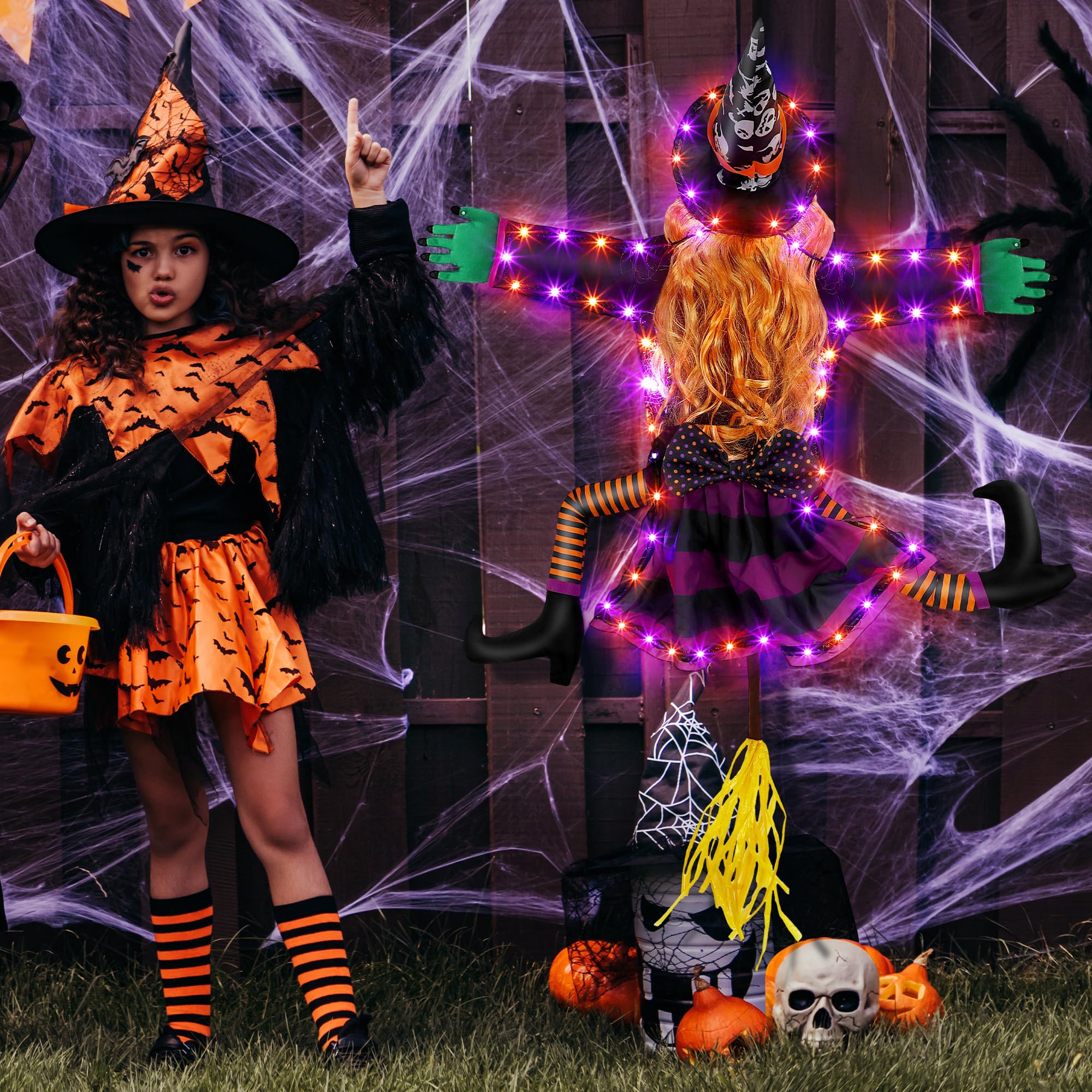 Crashing Witch into Tree Halloween Decorations (43 Inch Tall), Large Crashed Witch Sewed with Solar String Lights for Outdoor Porch Garden Patio Pathway Party Halloween Decor (Orange)