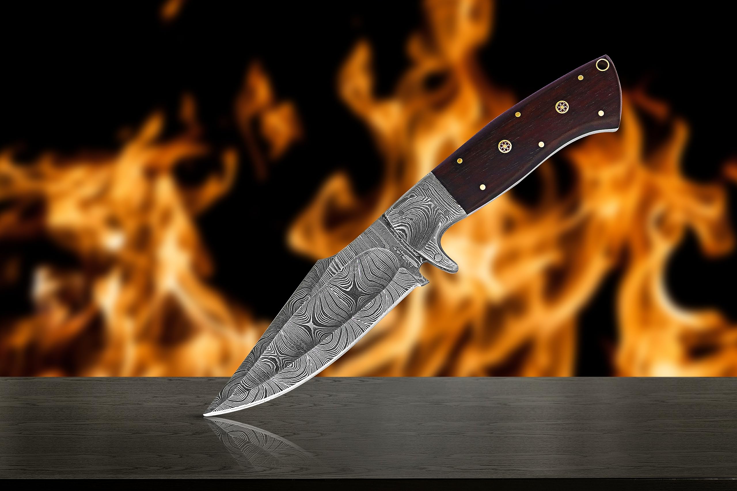 Damascus Steel Hunting Knife Fixed blade knife Damascus Bolster Walnut Wood Handle Mosaic Pin, Bush craft, Outdoor Camping, with Cowhide Leather Sheath β BW-4144