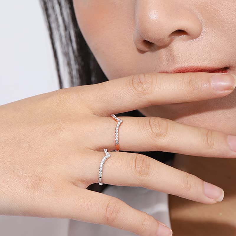 Dainty Sparkling Wishbone 'V' Ring for Women with Cubic Zirconia, Elegant and Simple Ring Best Gift for Lover size6-9-Rose Gold 6